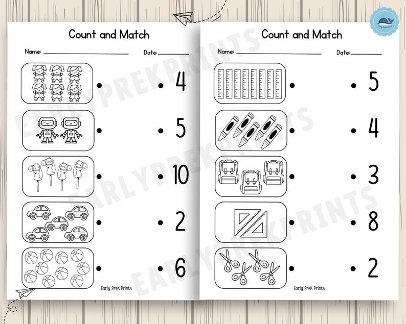 Pre-k Math Worksheets, Count and Match Printable, Preschool Activity ...