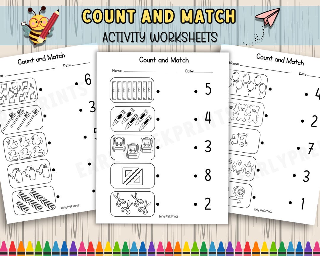 Pre-k Math Worksheets, Count and Match Printable, Preschool Activity ...