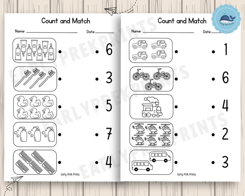 Pre-k Math Worksheets, Count and Match Printable, Preschool Activity ...
