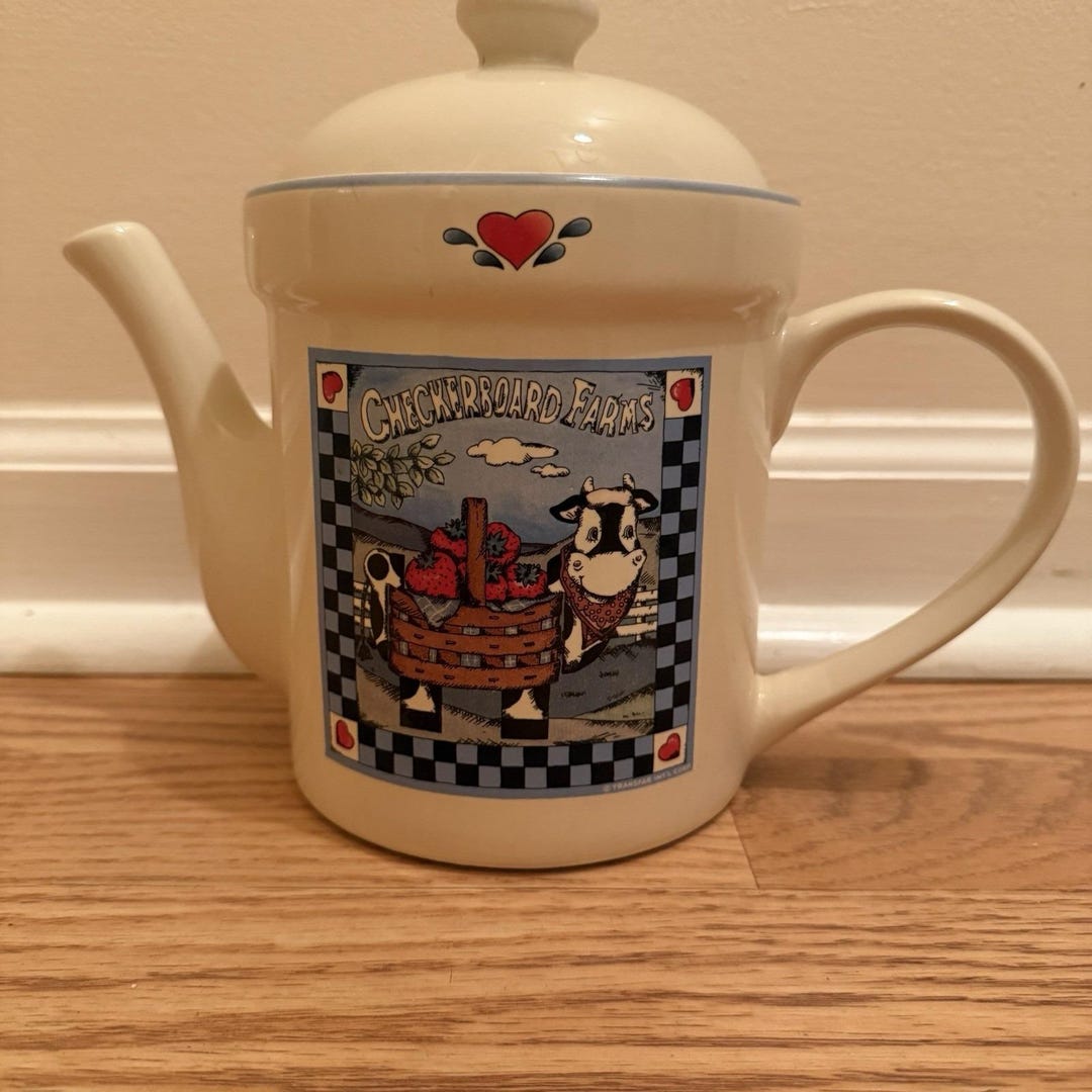 Checkerboard Farms Ceramic Teapot Farmhouse Cow Country Kitchen Decor ...
