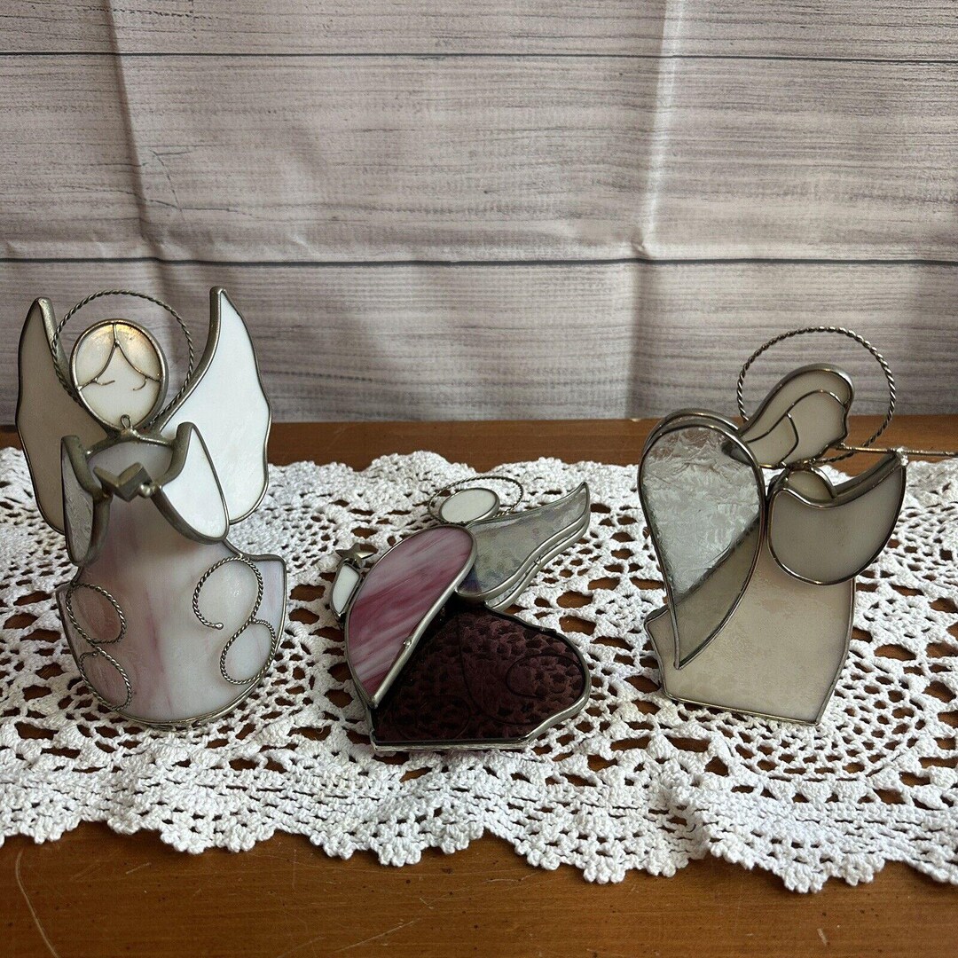 Stained Glass Angels Lot of 3 Angel Candle Holder Trumpet Caroling ...