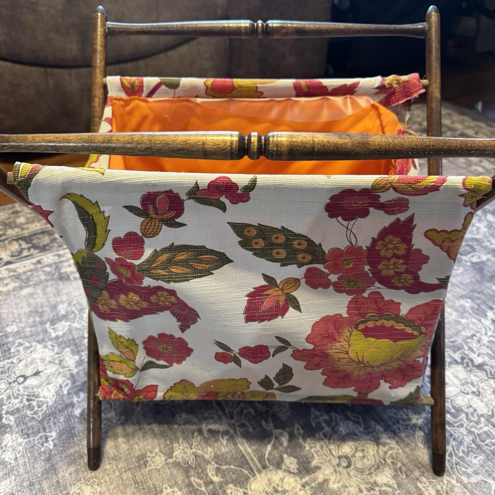 Vtg Sewing Caddy Tote Knitting Basket Yarn Stand Wood Frame Floral *see ...