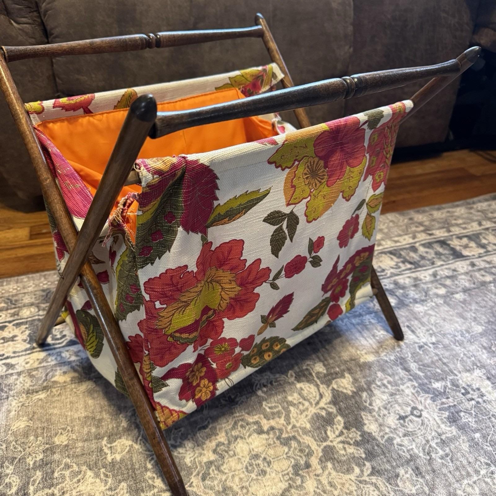Vtg Sewing Caddy Tote Knitting Basket Yarn Stand Wood Frame Floral *see ...