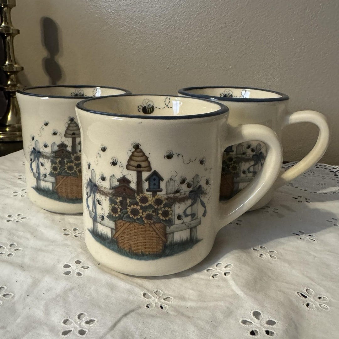 3 Vtg BUCKEYE STONEWARE Coffee Mugs Cups Garden Beehive Basket Bird ...