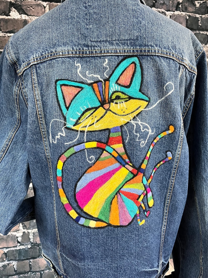 Upcycled Denim Jacket With Colorful Wool Needle Felted Design - Etsy