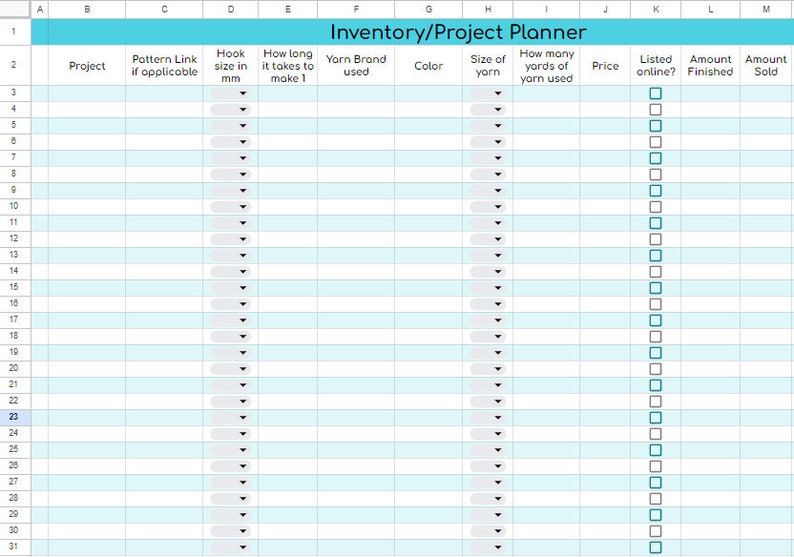 Crochet Inventory Tracker Spreadsheet - Etsy