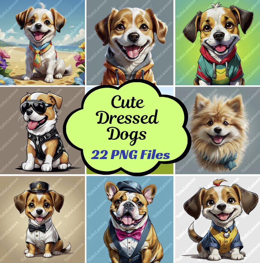 Cute Dressed Dogs Set, 22 Clipart Files Hi-res Printable PNG 400 DPI ...
