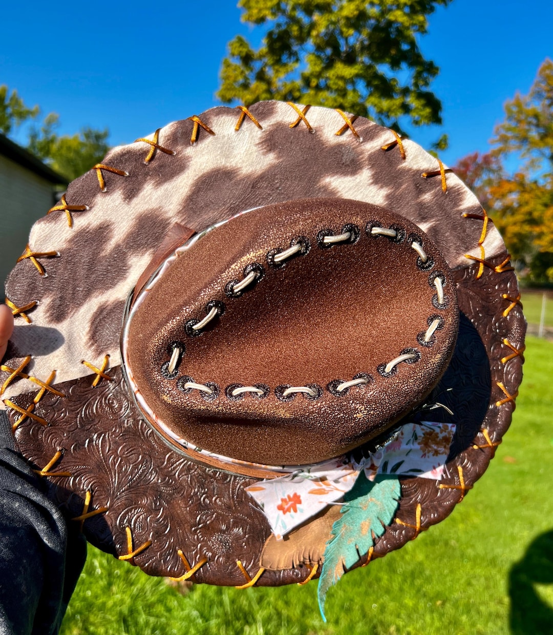 Cow Print & Tooled Leather Burned Brown Flat Brim - Etsy