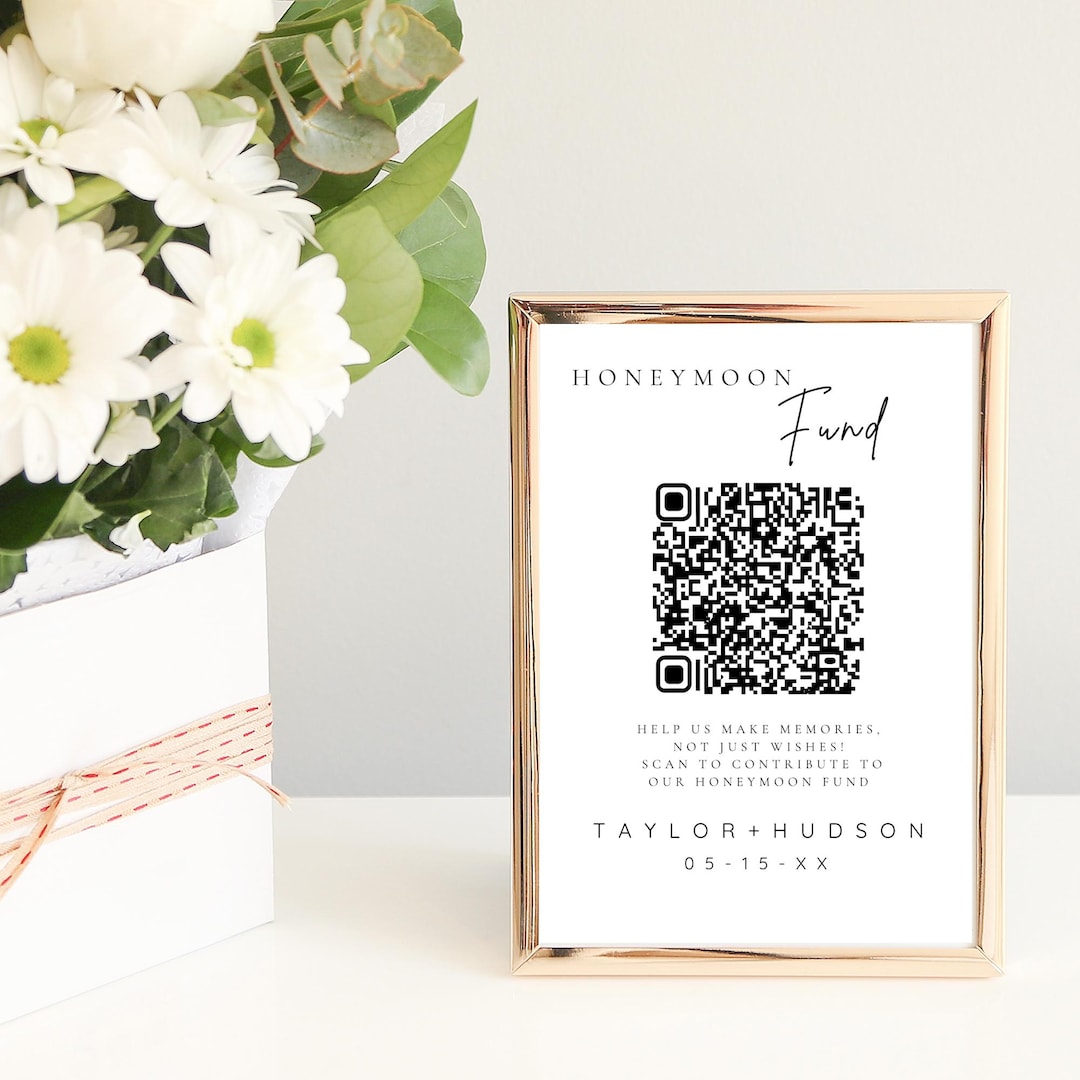 Honeymoon Fund QR Code Sign Template, Minimalist Wedding Cash Gift Sign ...