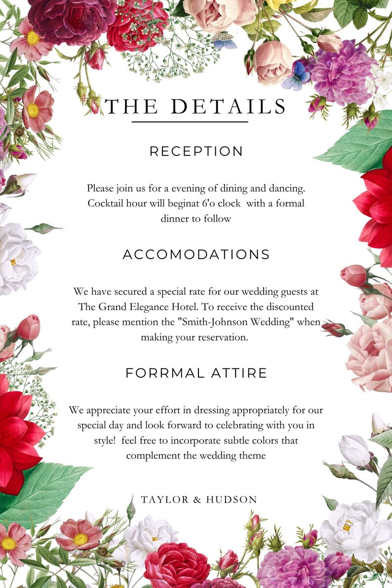 Editable Wildflower Wedding Details Card - Floral Invitation Template - Boho Wedding Suite ...