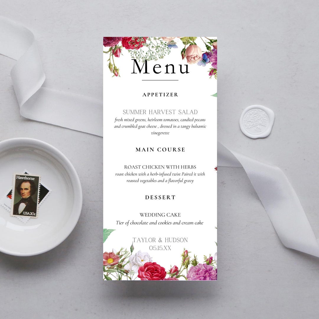 Wildflower Menu Template - Modern Floral Menu - Printable Baptism Menu ...