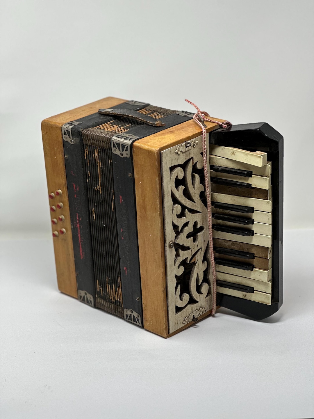Vintage Wooden Piano Accordion – Rustic Musical Instrument With ...