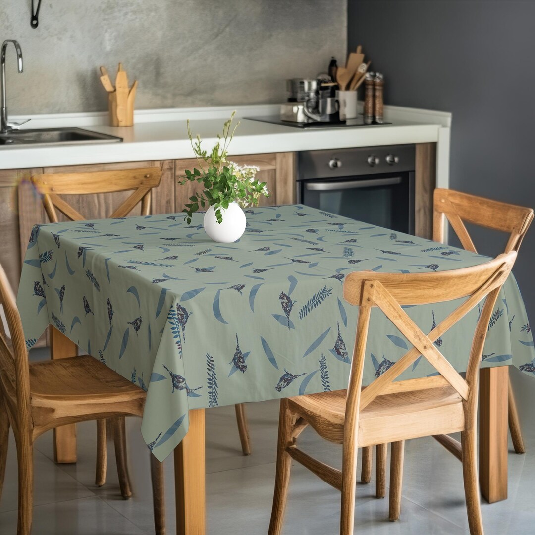 Primitive Birds Leaves Tablecloth, Muted Green Blue, Rectangle or ...