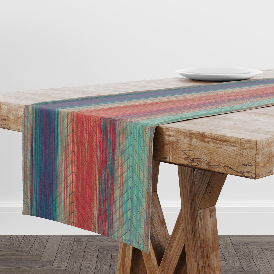 Quilted Table Runner, Bright Blended Lines Abstract Asymmetrical Stripe ...