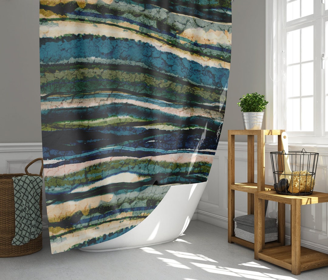 Blue Green Agate Stripe Shower Curtain, Abstract Graphic Rock Texture ...