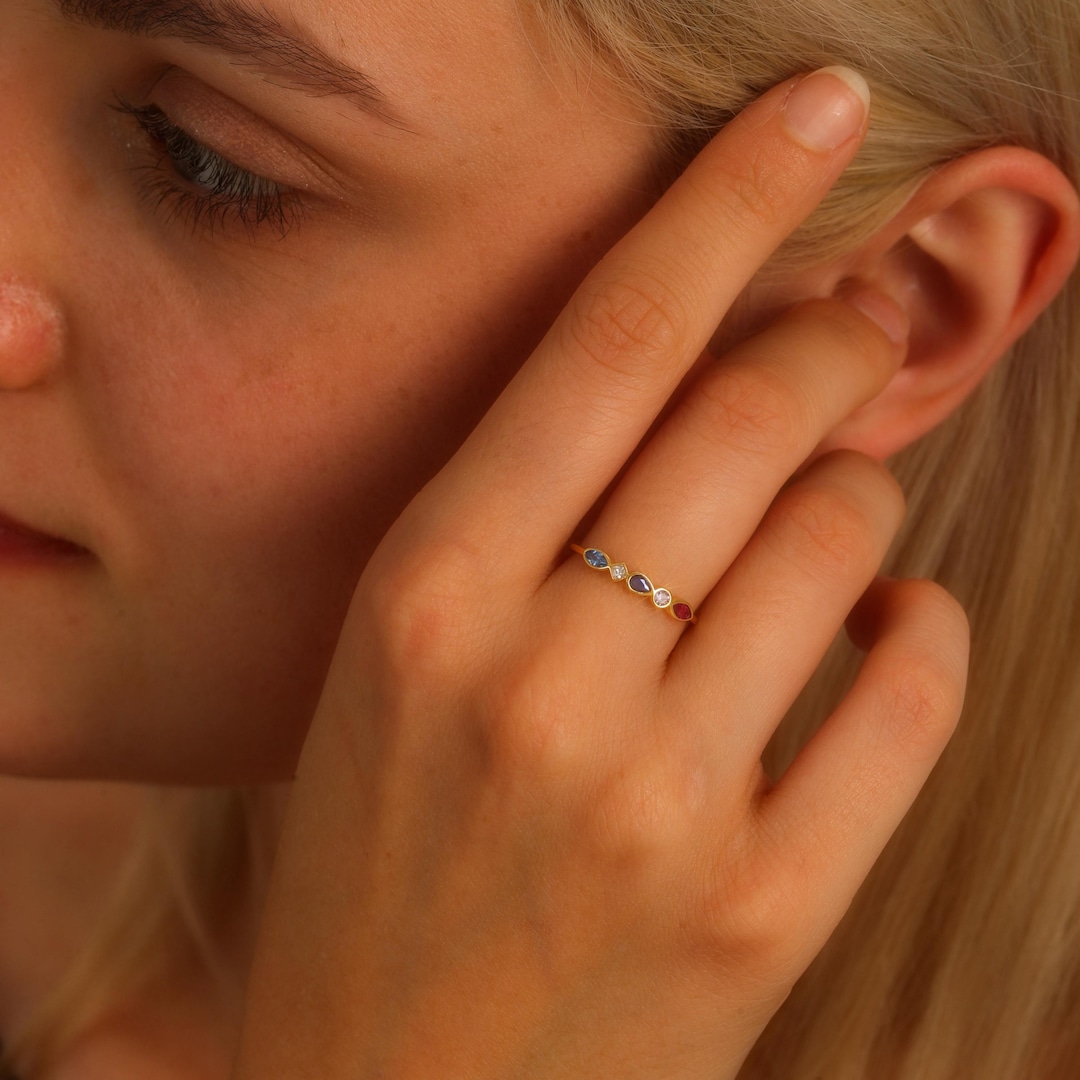 18K Solid Gold Birthstones Ring - Custom Gemstone Ring Dainty ...