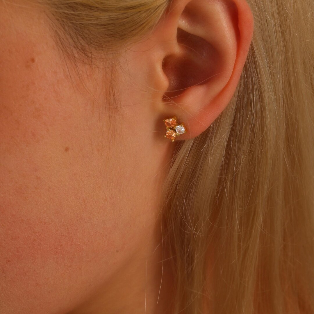 18K Gold Multi Birthstones Earrings - Elegant Cluster Birthstones Studs ...