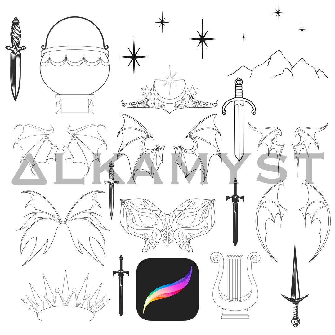25 Acotar Procreate Brush Stamps | Fantasy Book | Wings | Mountain ...