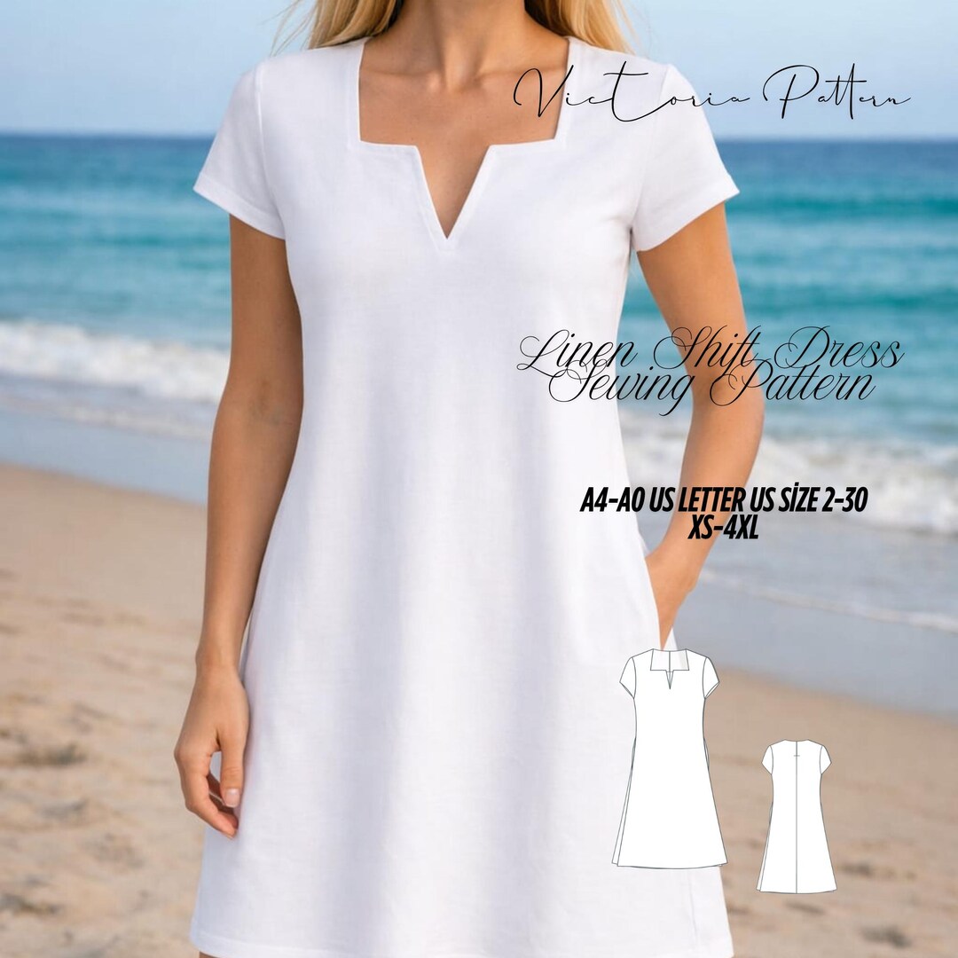 Linen Shift Dress Sewing Pattern, A-line Midi, Short Sleeve, Pockets ...