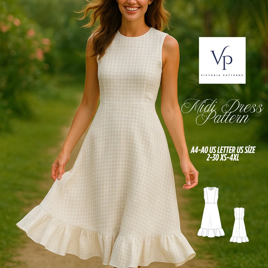 Ruffle Midi Dress Sewing Pattern: Easy Summer Wedding (PDF Pattern, XS ...