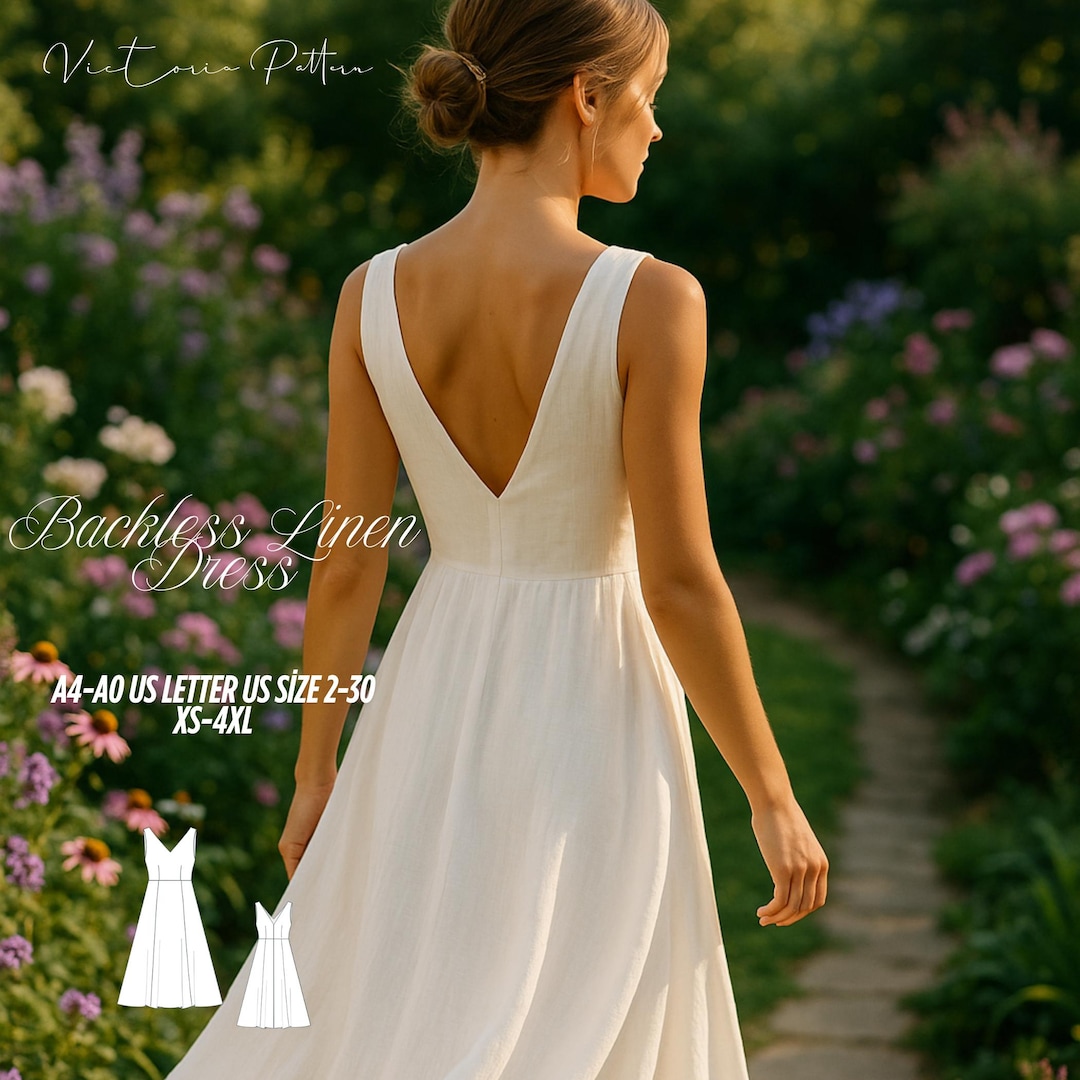 Backless Linen Dress Sewing Pattern: Sleeveless V-neck Midi (PDF ...