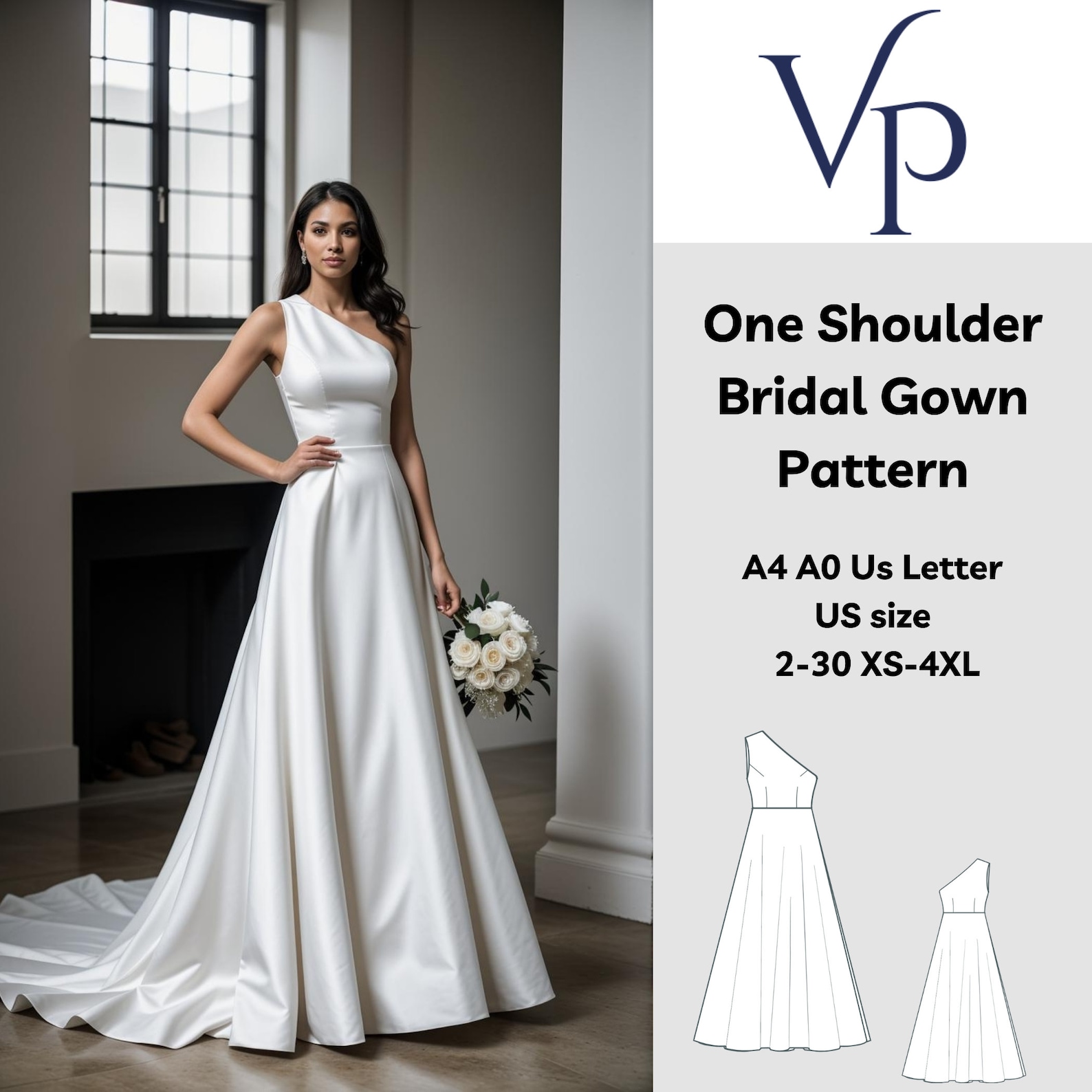 One Shoulder Bridal Gown Sewing Pattern, Wedding Dress Pattern, Bridal ...