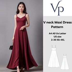 V Neck Maxi Dress Sewing Pattern, Prom Dress Pattern, Evening Gown ...