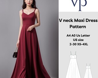 V Neck Maxi Evening Dress Sewing Pattern, Bodycon Dress Pattern, Pencil ...