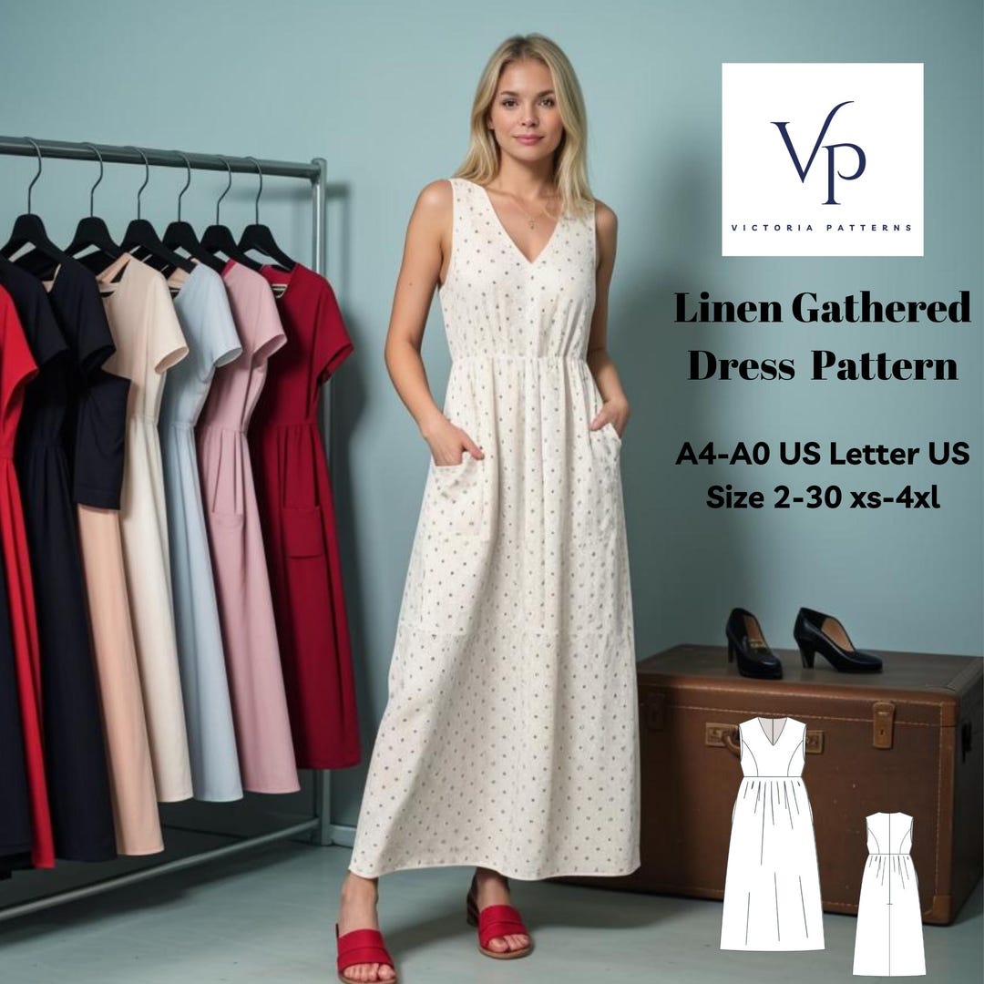 Linen Gathered Dress Sewing Pattern, Linen Dress, Linen Dress Pattern ...