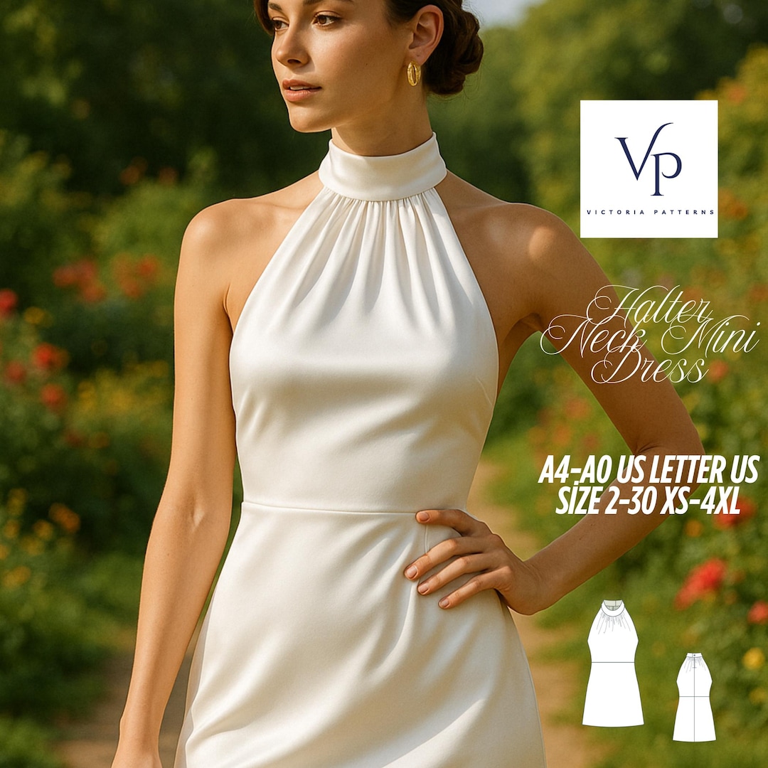 Halter Neck Dress Sewing Pattern, Mini Dress Sewing Pattern, Women ...