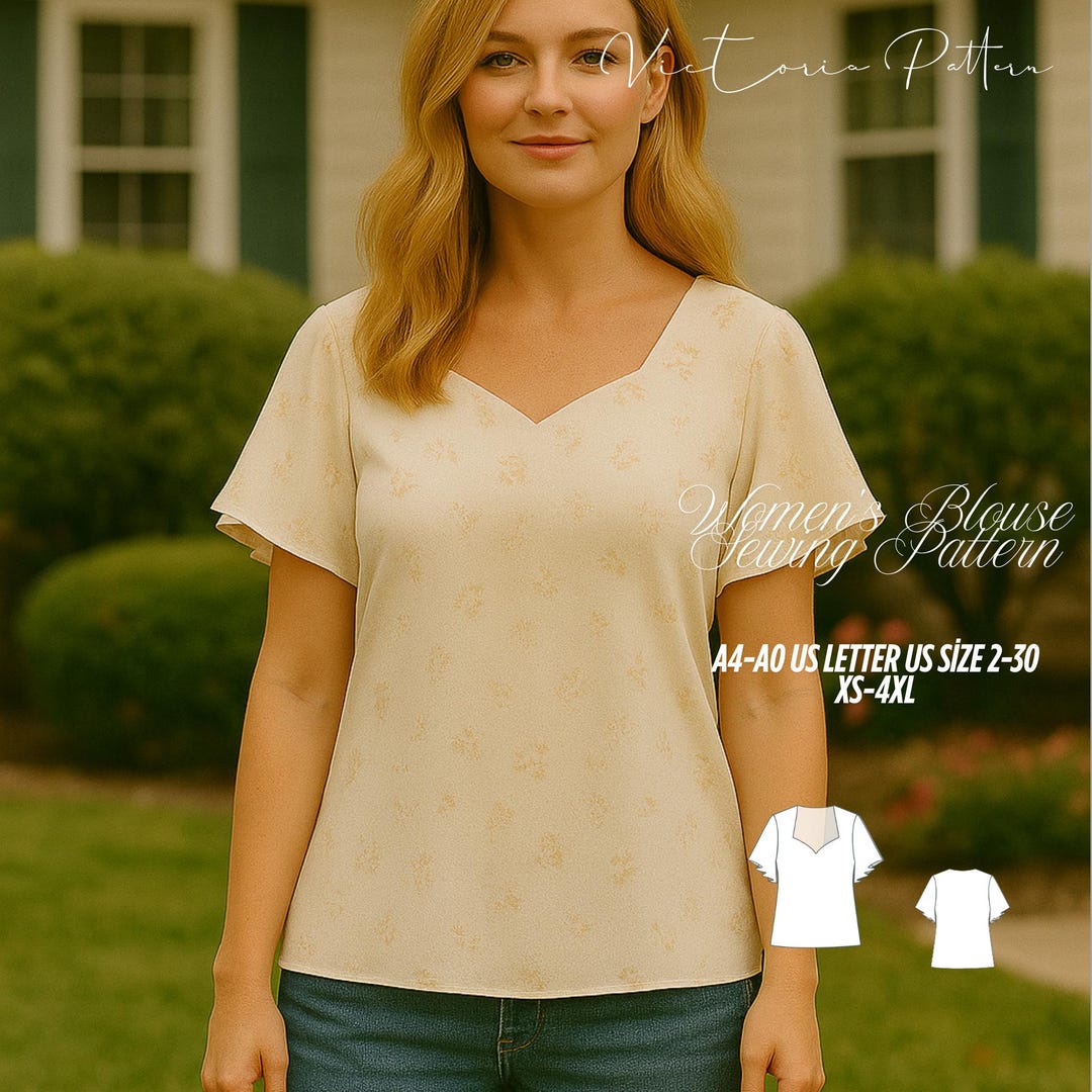 Flutter Sleeve Blouse Sewing Pattern: V-neck Top, Easy DIY (PDF, XS-4XL ...