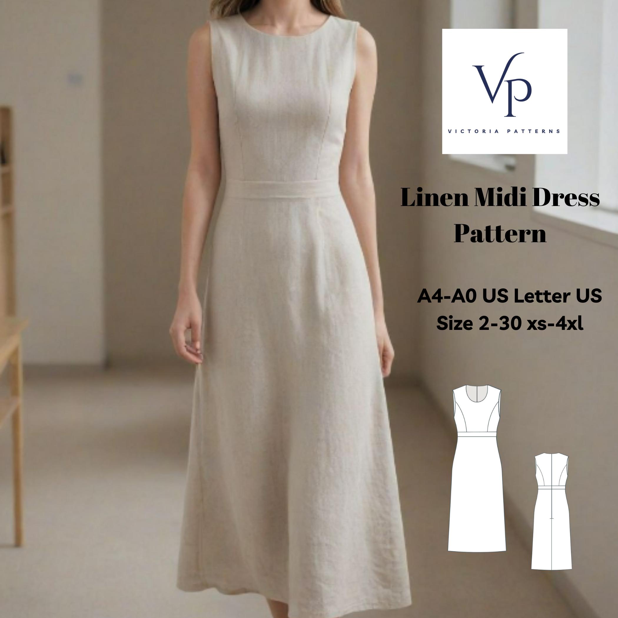Linen Midi Dress Sewing Pattern: A-line Cottagecore Style (XS-4XL ...