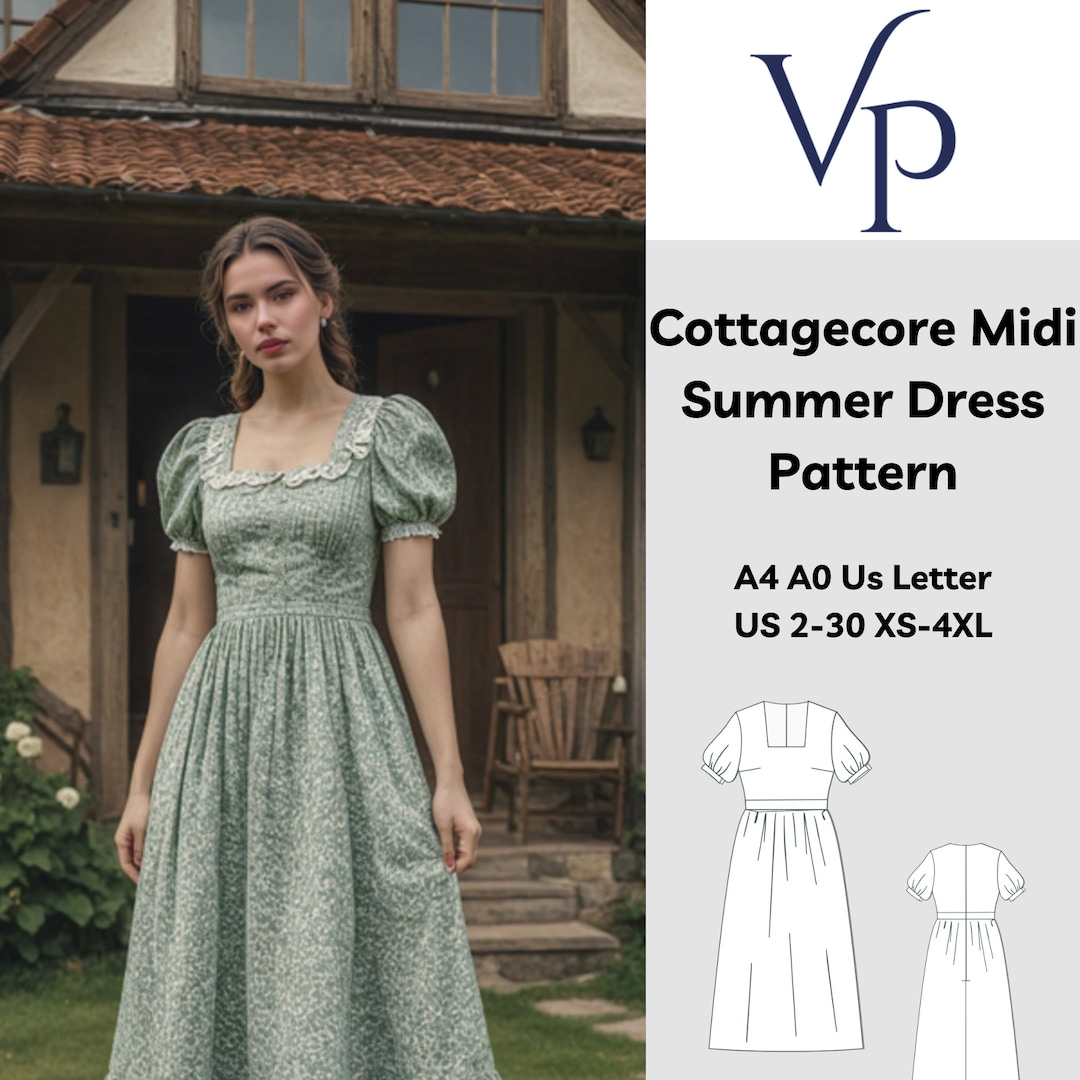 Cottagecore Gathered Midi Dress Sewing Pattern, Cottagecore Dress ...