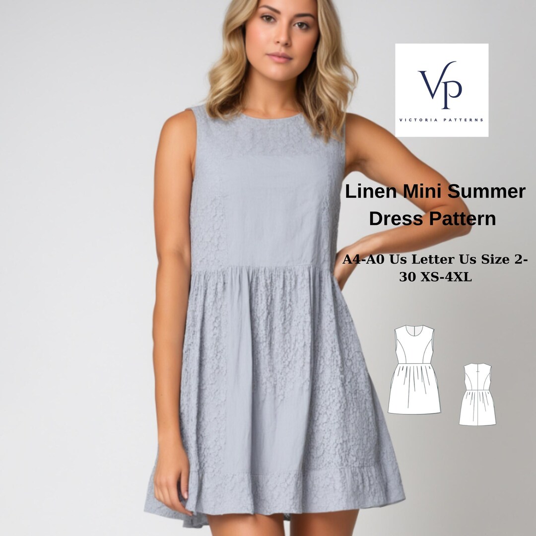 Linen Mini Summer Dress Sewing Pattern, Pocketed Linen Dress Pattern, Gathered Dress, Simple ...