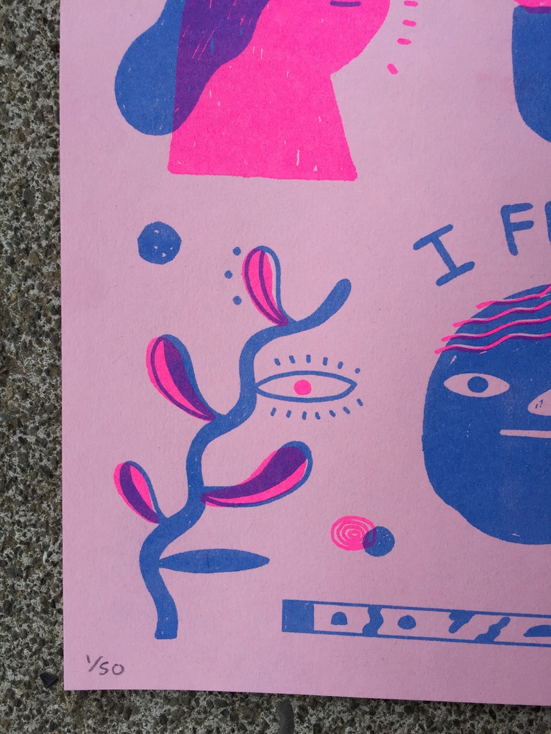 Self Care Band Aid Pink Blue Plant Risograph Print - Etsy