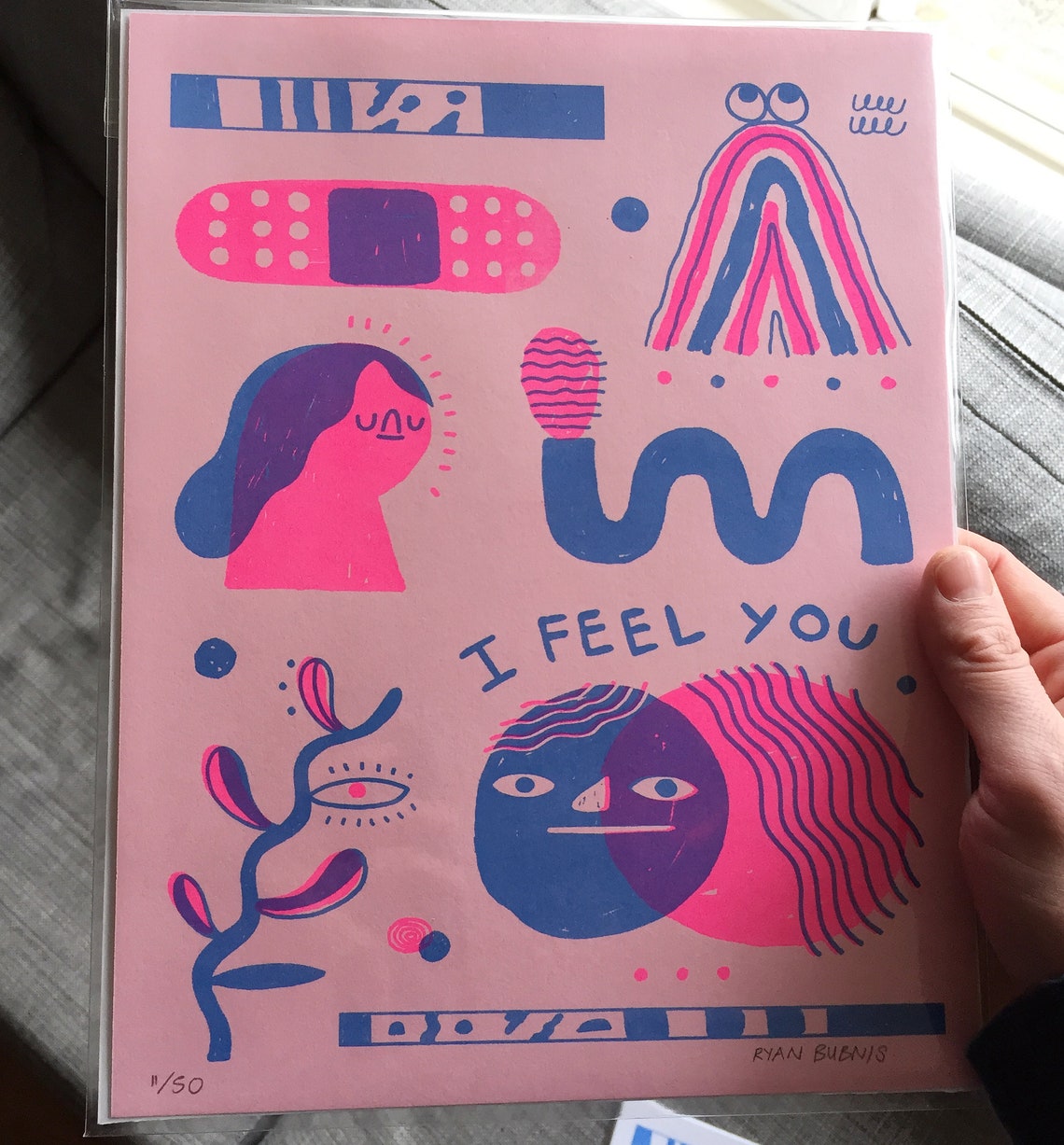 Self Care Band Aid Pink Blue Plant Risograph Print - Etsy Norway