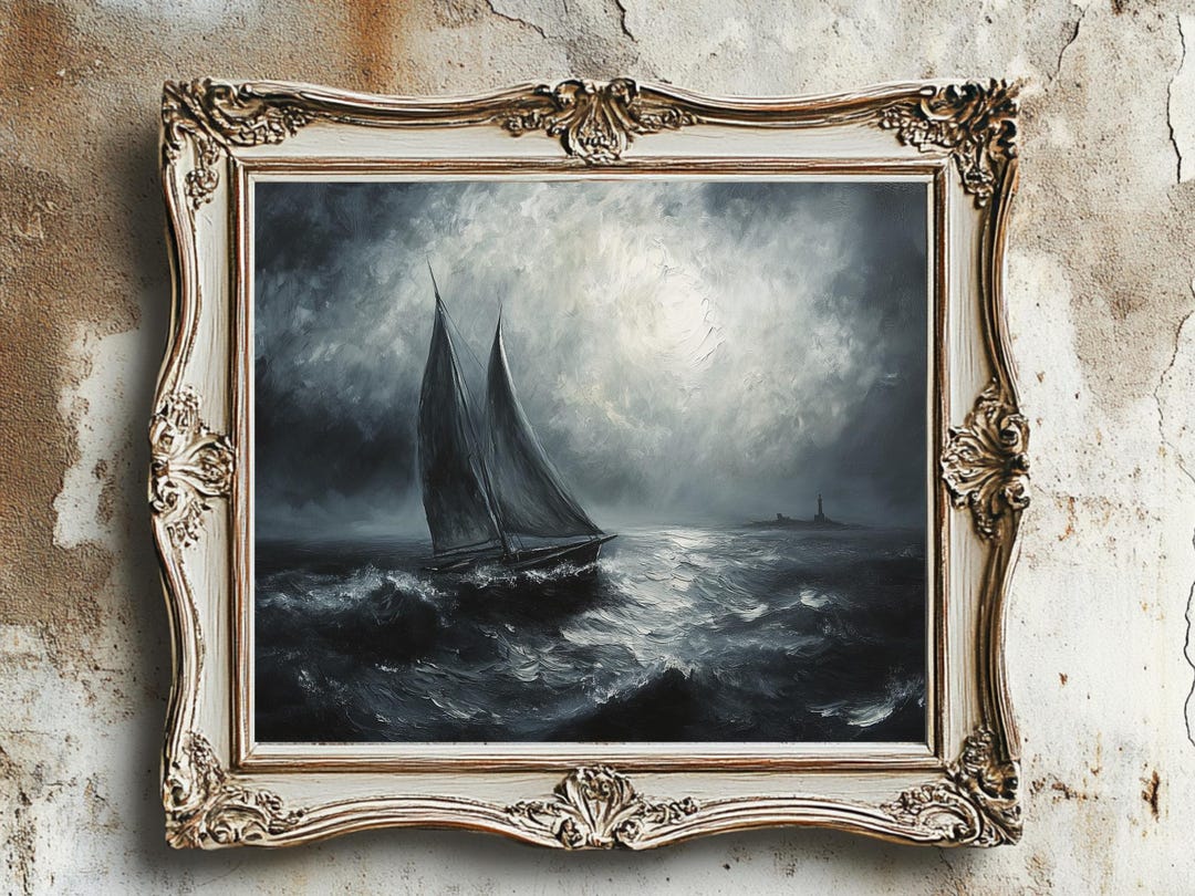 Gothic Sailboat Oil Painting Printable Wall Art, Dark Stormy Ocean ...