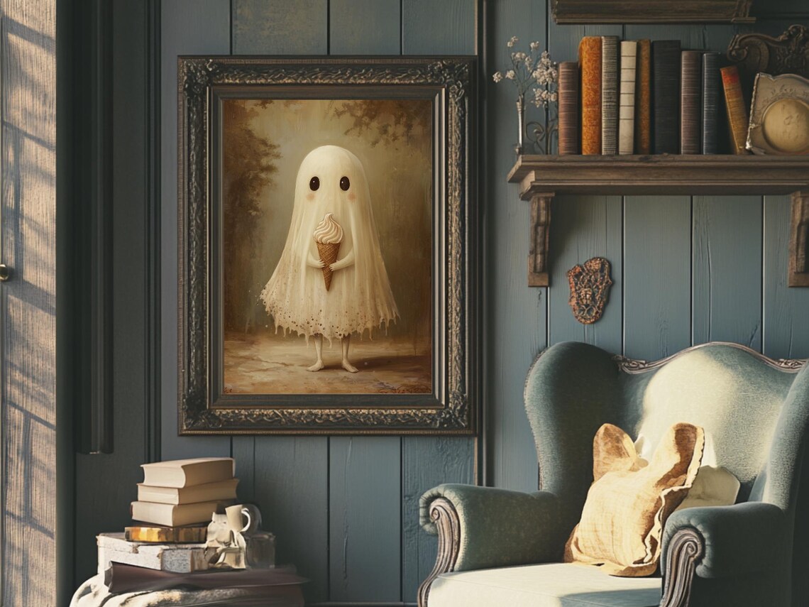 Whimsical Ghost Ice Cream Cone Art Print: Quirky Vintage Illustration ...