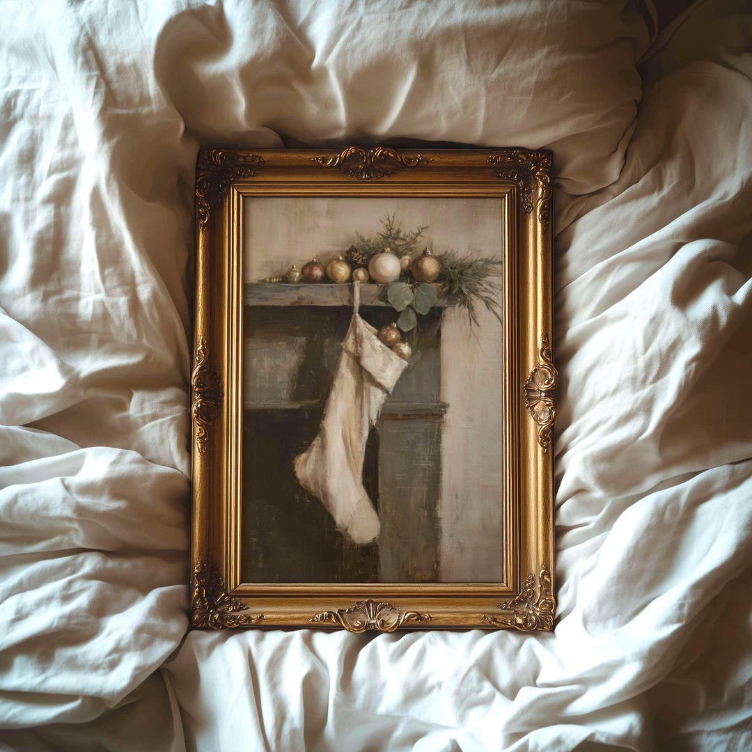 Vintage Christmas Stocking Mantel Art: Neutral Farmhouse Decor (digital ...