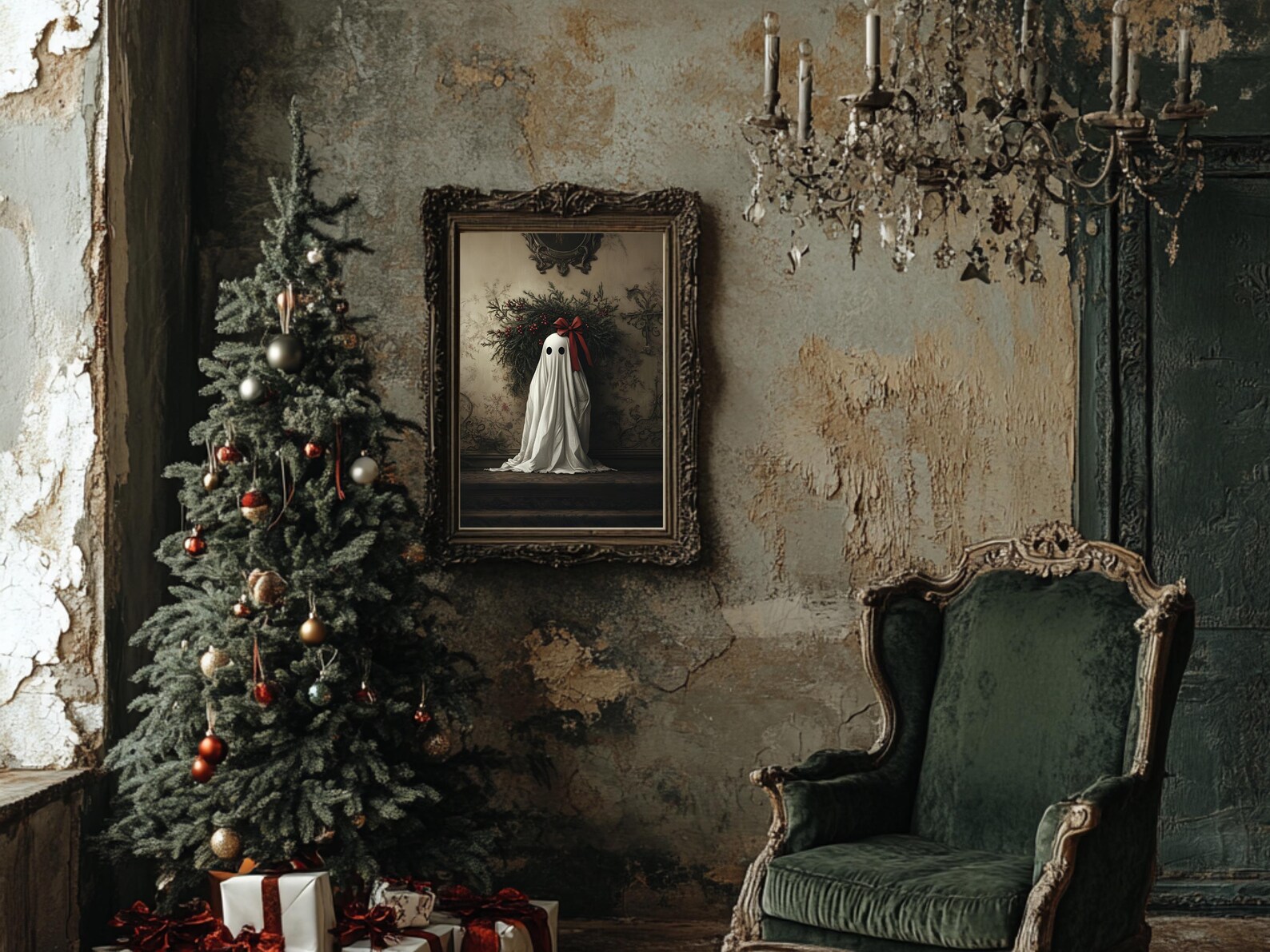 Spooky Christmas Ghost Printable: Gothic Mistletoe Wall Art (digital ...