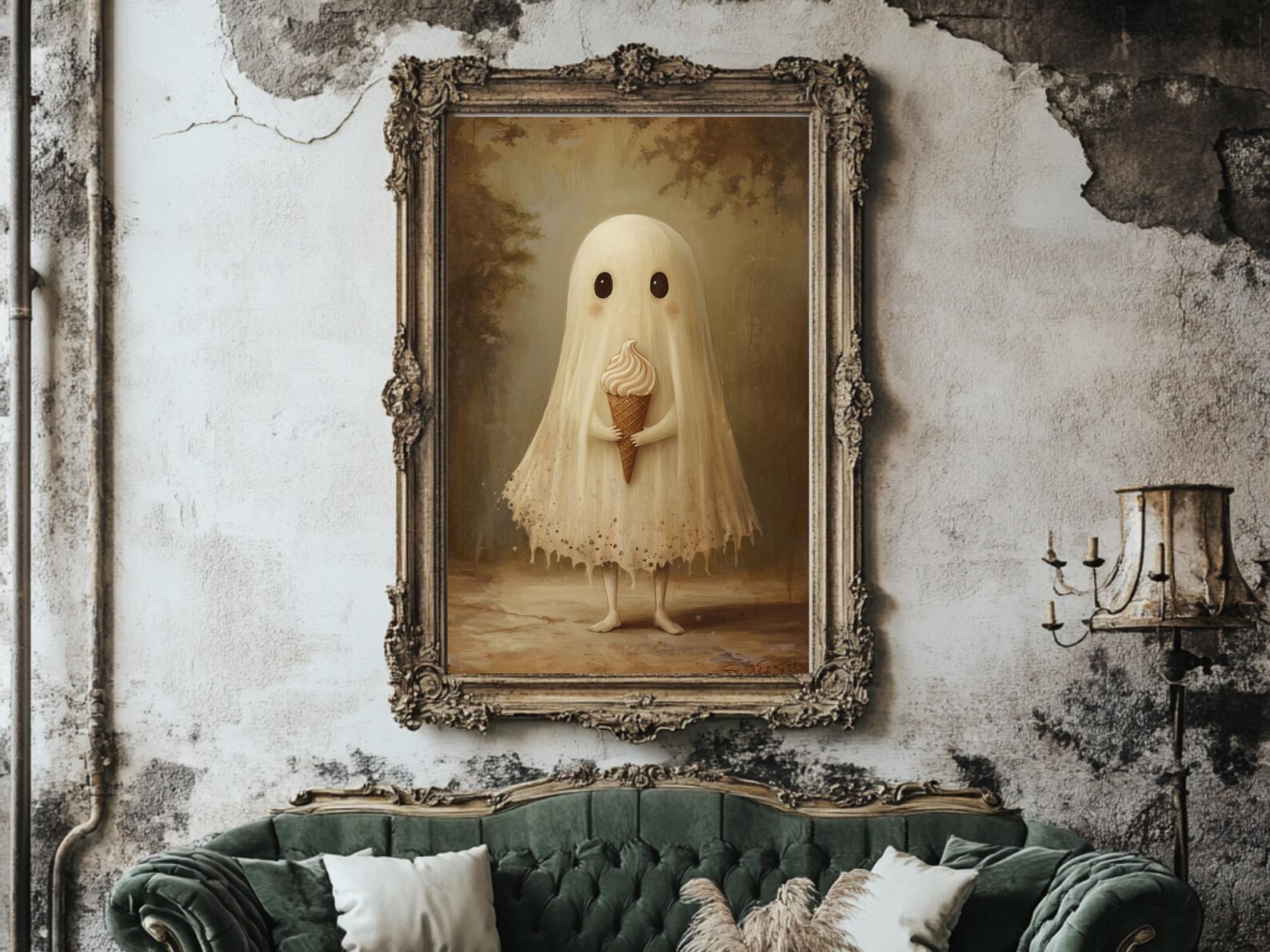 Whimsical Ghost Ice Cream Cone Art Print: Quirky Vintage Illustration ...