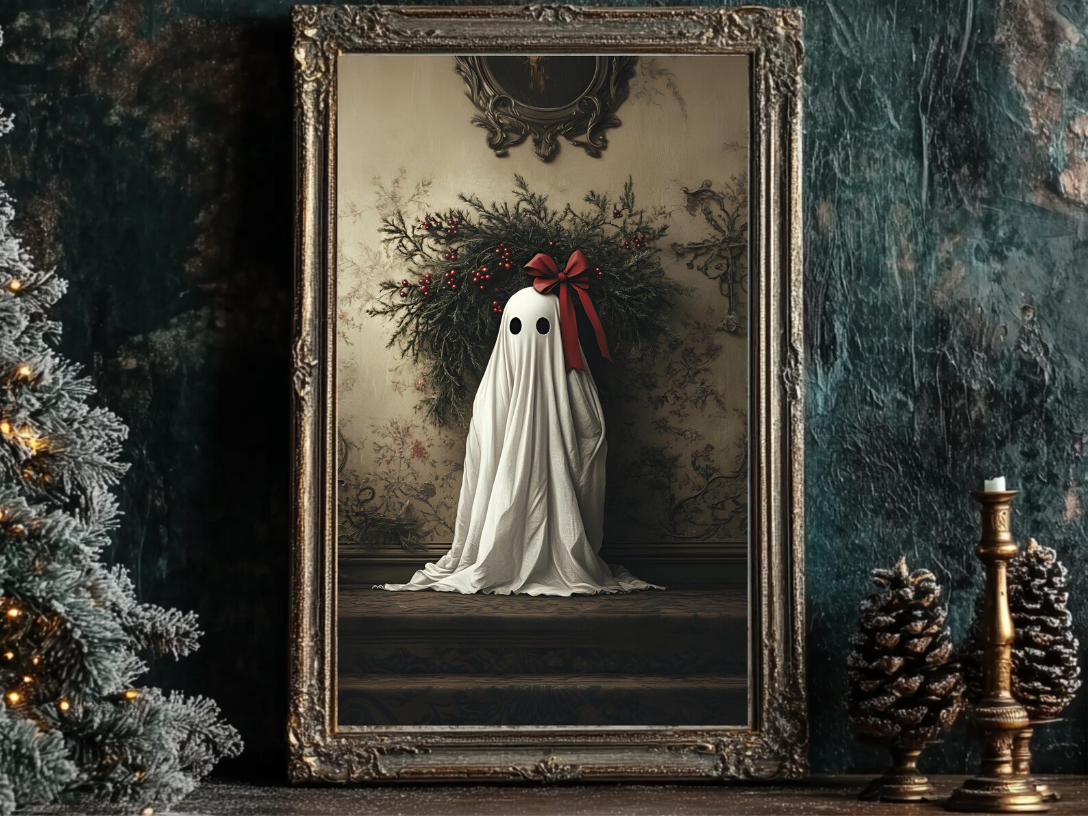 Spooky Christmas Ghost Printable: Gothic Mistletoe Wall Art (digital ...