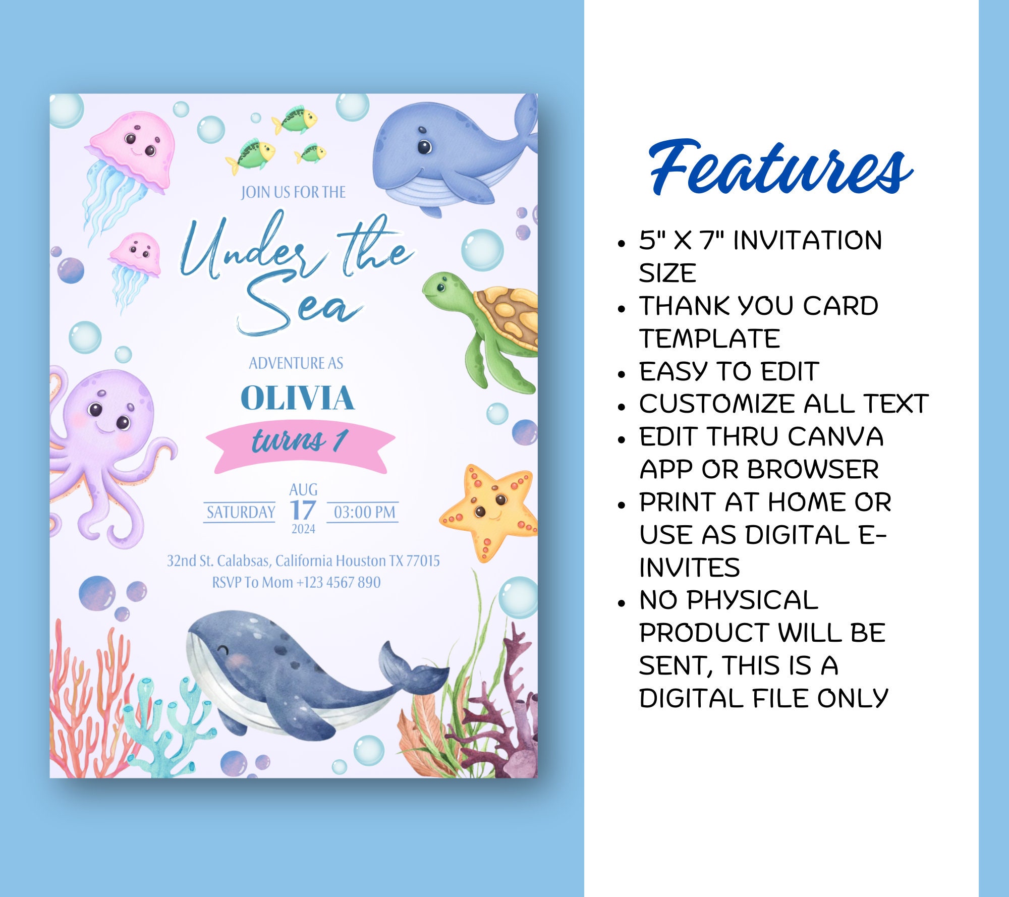 Editable Cute Under the Sea Party Printable Invitation, Sea Birthday ...