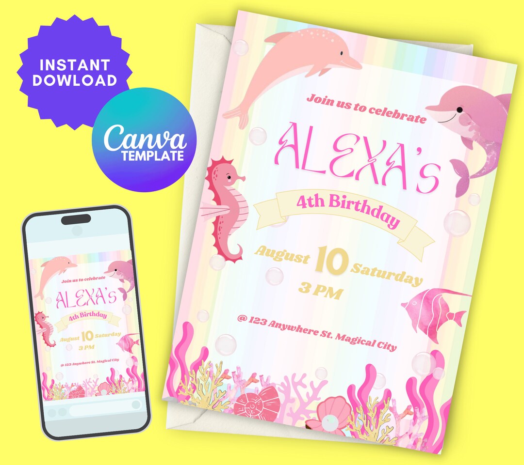 Editable Cute Pink Dolphin Birthday Invitation, Under the Sea Party ...