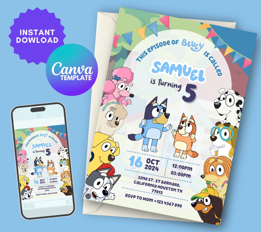 Invitación de cumpleaños de Bluey editable, Invitación de cumpleaños de ...