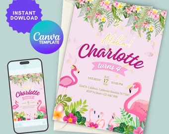 Girls Pink Flamingo Birthday Party Editable Invitation, Kids Flamingo ...