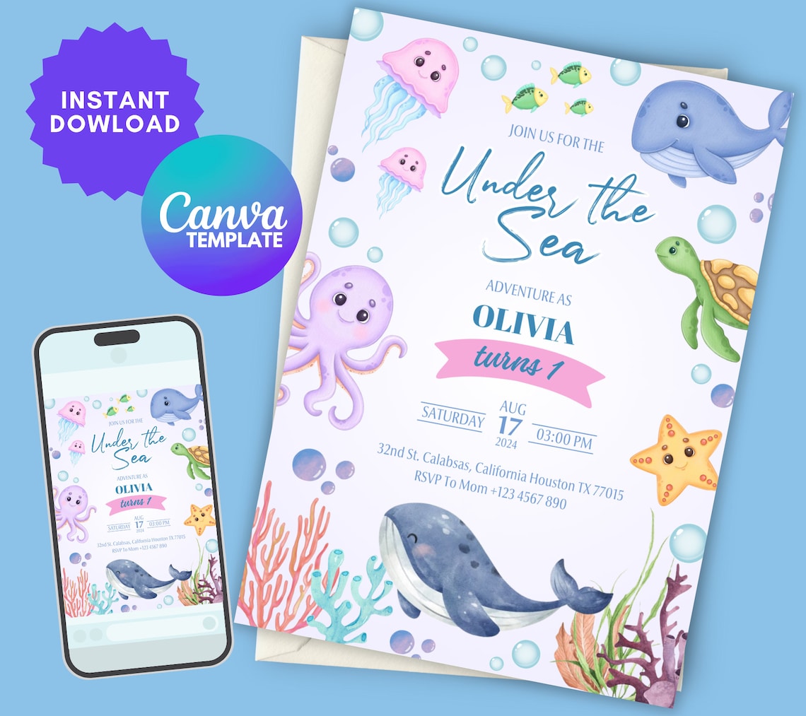 Editable Cute Under the Sea Party Printable Invitation, Sea Birthday ...