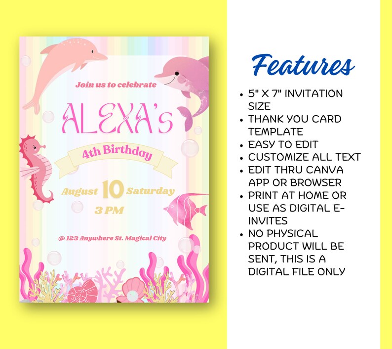 Editable Cute Pink Dolphin Birthday Invitation, Under the Sea Party ...