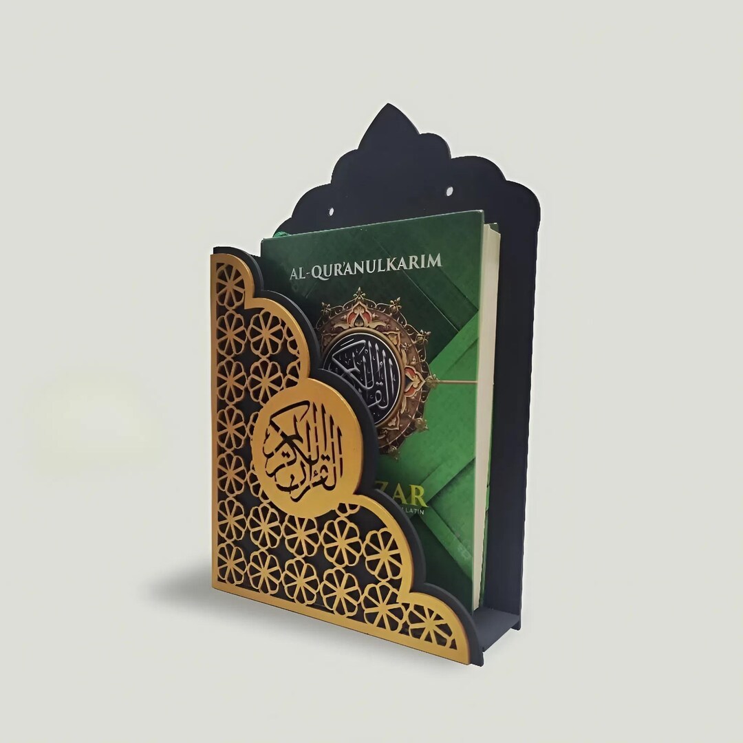 Islamic Wall Quran Holder | Minimalist Black & Gold Wooden Shelf ...