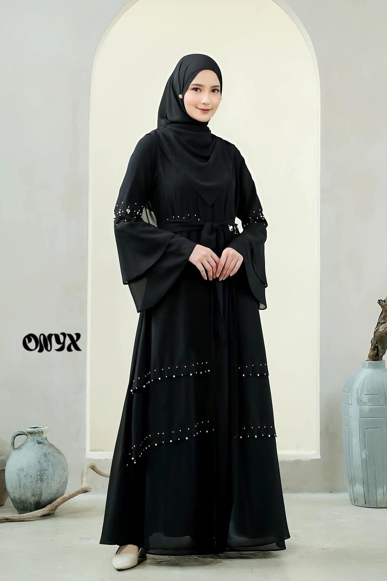Beaded Ceruty Abaya Dress With Hijab Scarf: Modern Muslim Evening Gown ...